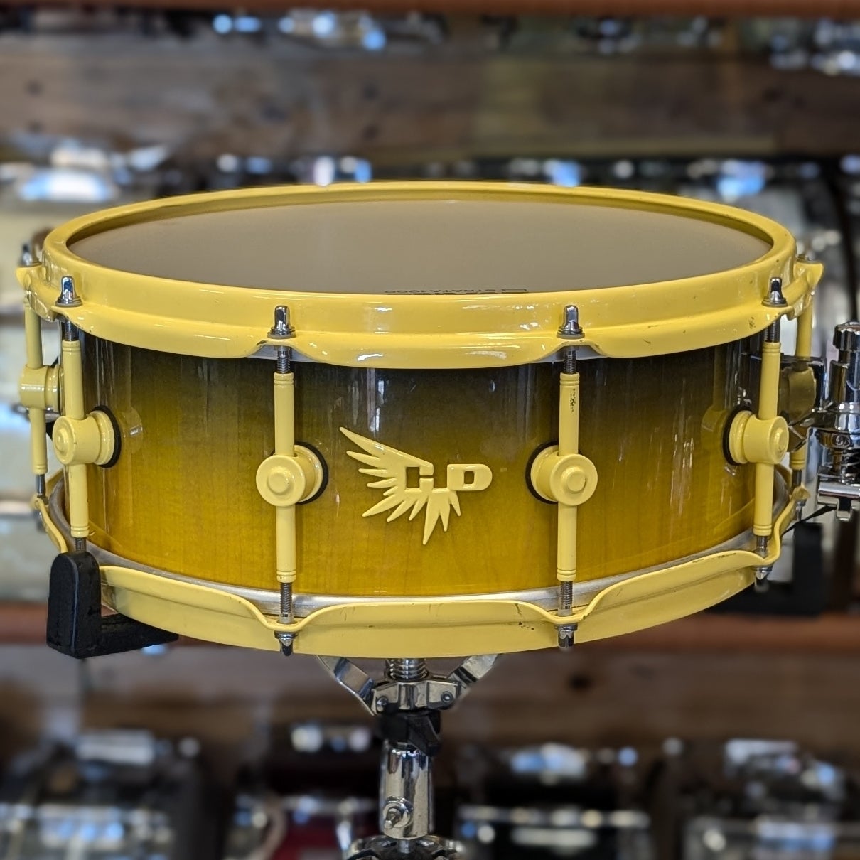 Hendrix Drum Co. Curly Maple Stave 14x5.5" Black to Yellow Fade Snare Drum | Pocket Percussion